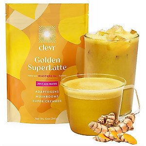 Clevr Blends Turmeric Powder Oat Milk Instant Latte Mix, Golden Milk, Moon Milk Latte Organic Spices, Coconut Superfood Creamer SuperLatte, Adaptogens, Reishi and Lion’s Mane Mushrooms and Probiotics