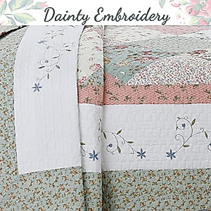 Cozy Line Home Fashions Floral Real Patchwork Green Peach Scalloped Edge Country 100% Cotton Quilt Bedding Set, Reversible Coverlet Bedspread (Celia, Queen - 3 Piece)