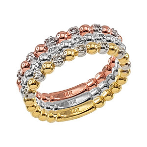 Modern Contemporary Rings Fine 14k White Gold Beaded Stackable Ring with Natural Diamonds (Size 6.5)