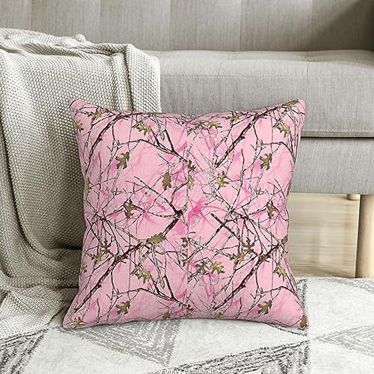 Pink Leaves Camo Throw Pillow Covers Corduroy Pillowcases Soft Square Cushion Case Decorative Cushion Covers for Bedroom Sofa Farmhouse 18"x18"