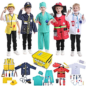 TopTie 5 Sets Halloween Kids Costumes, Dress Up Costumes with Storage Box for Age 3-7, Doctor Fireman Police Surgeon Worker