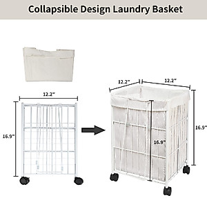FIROK Rolling Laundry Basket with Wheels,Collapsible Laundry Hamper with Handle for Dorm, Bedroom, Laundry room, 45L Durable Metal Frame Space Saving Hamper with Removable Liner Bag(White)