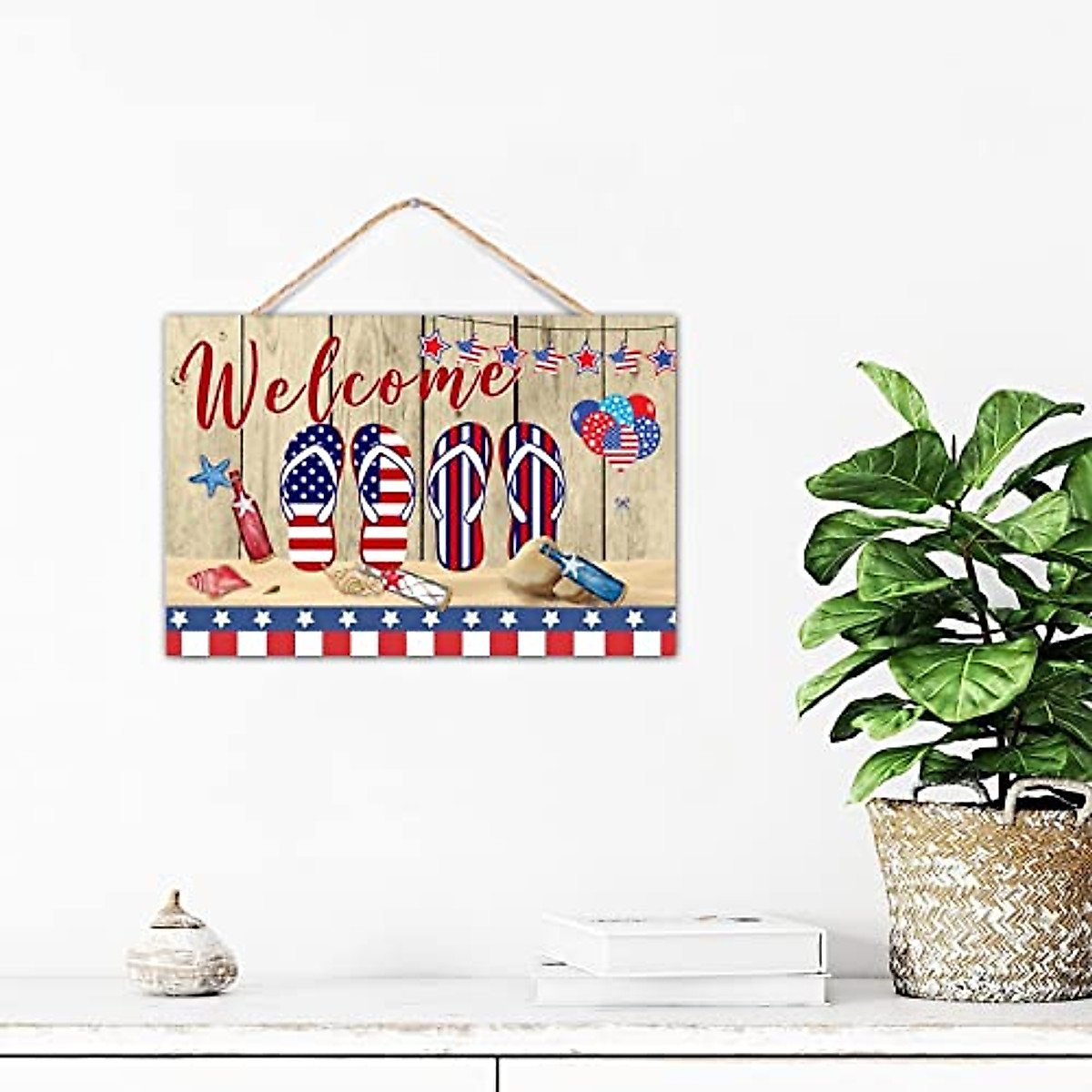 CustonCares Independence Day Flip Flops Welcome Wooden Sign Table Decor Modern Red White Blue Balloons Star Signs Decorative Wood Sign Plaque for Shelf Room Porch 12x8in