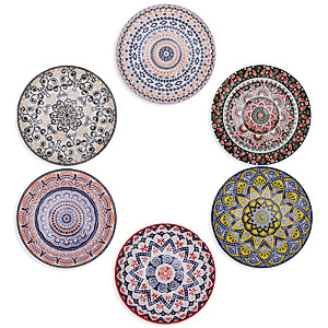 Kitchenexus Ceramic Pasta Bowls Set of 6 30oz Large Salad Bowl Wide and Shallow Porcelain Salad Pasta Dishes Colorful Patterns Serving Plates and Bowls for Pasta, Salad, Cereal, Soup