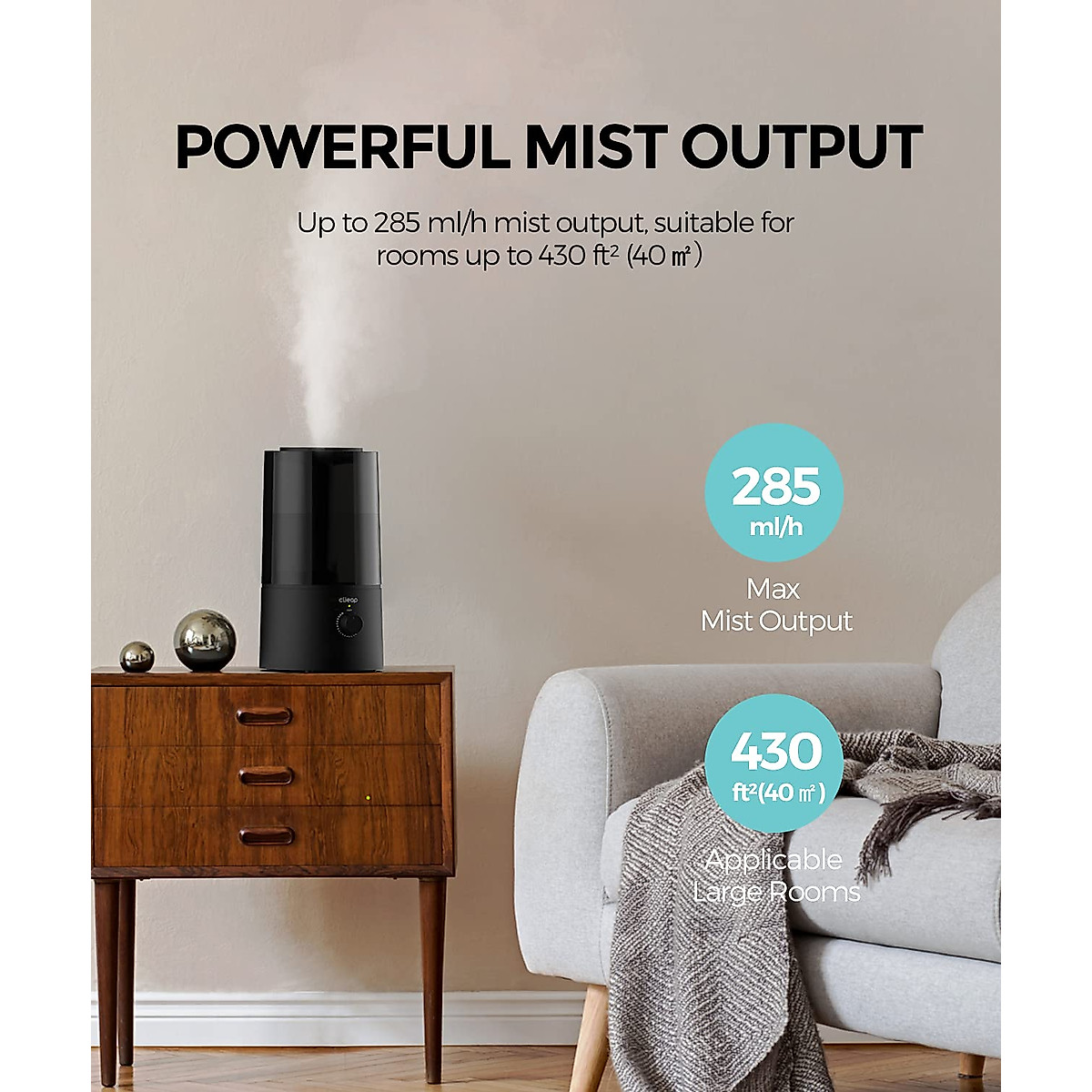 Clieap™ Humidifiers for Bedroom, 4L Air Humidifiers for Large Room, Ultrasonic Cool Mist Humidifiers for Baby, 30H Work Time, Auto Shut-Off (Black)