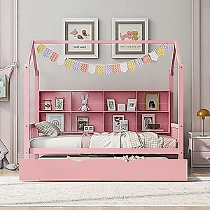 GOWE Wooden Twin Size House Bed with Trundle,Kids Bed with Shelf,Pink