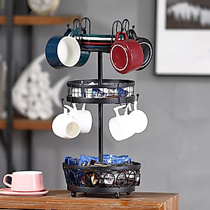 Coffee Cup Tree Coffee Mug Holder Tree Stand 4 Tiers Coffee Cup Stand with 12 Mug Hooks Mug Rack Countertop with Storage Basket Coffee Mug Tree for Counter with Wooden Handle Perfect for Bar Kitchen