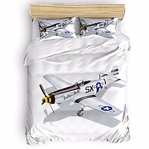 Artistic Duvet Cover Queen Size 4Pcs Bedding Duvet Cover Set(Comforter Cover Pillowcases Flat Sheet) P-51 Dallas Doll Print American Air Force Classic Plane Bedding Cover Set for Bedroom, Hotel Decor