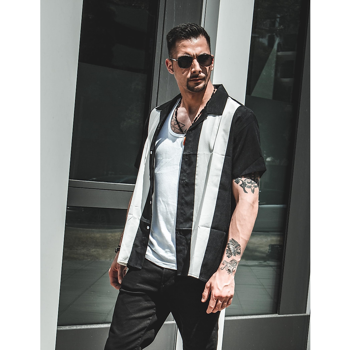 COOFANDY Men's Casual Button Down Shirts Retro Bowling Shirts Beach Wear Clothing Black White