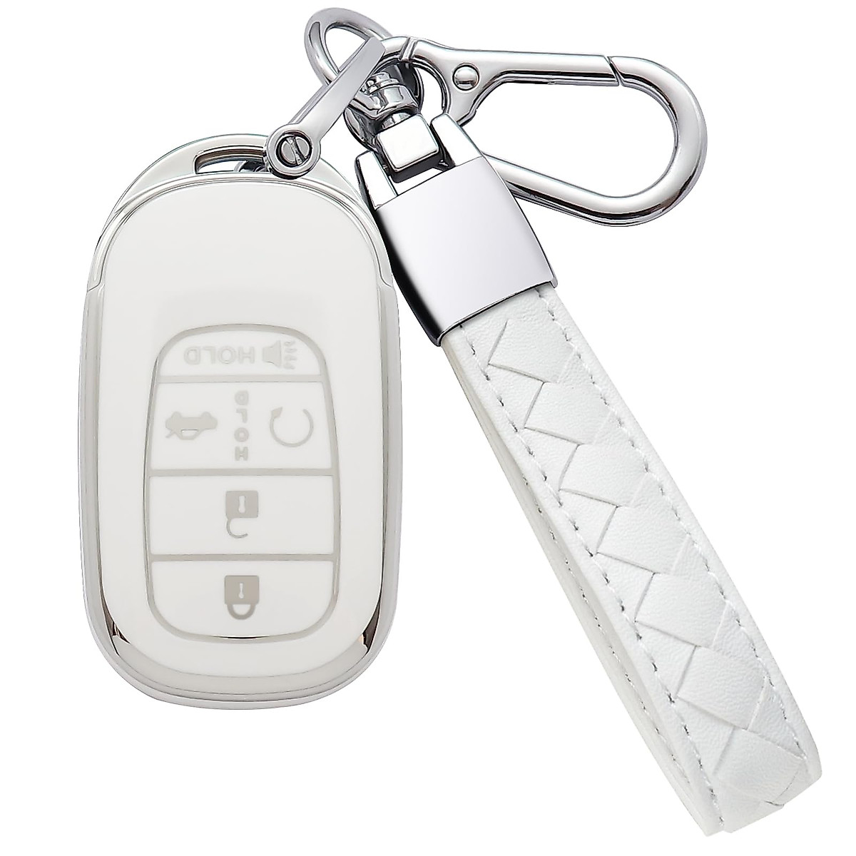 Kespevn for Honda Key Fob Cover 5 Button Soft TPU with Leather Keychain 360 Degree Protection Key Case Shell Holder Fits for 2022 2023 2024 Honda Accord Civic HR-V CR-V Pilot Odyssey, B White