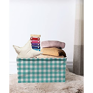 Turquoise Checkered Storage Basket Waterproof Cube Storage Bin Organizer with Handles, Farmhouse Teal Buffalo Plaid Collapsible Storage Cubes Bins for Clothes Books Toys 15"x11"x9.5"
