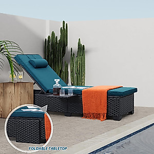 WAROOM Outdoor Chaise Lounge Chairs for Outside Patio Furniture Set of 2 Wicker Recliner Black Rattan Double Reclining Pool Lounge Chair Adjustable Backrest Lounger with Peacock Blue Cushion