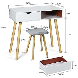 wenyuyu White Vanity Makeup Table Set with 2 Drawers - Modern Vanity Table and Stool Set - Dressing Desk for Bedroom Furniture - Gifts for Women Girls Mom Wife