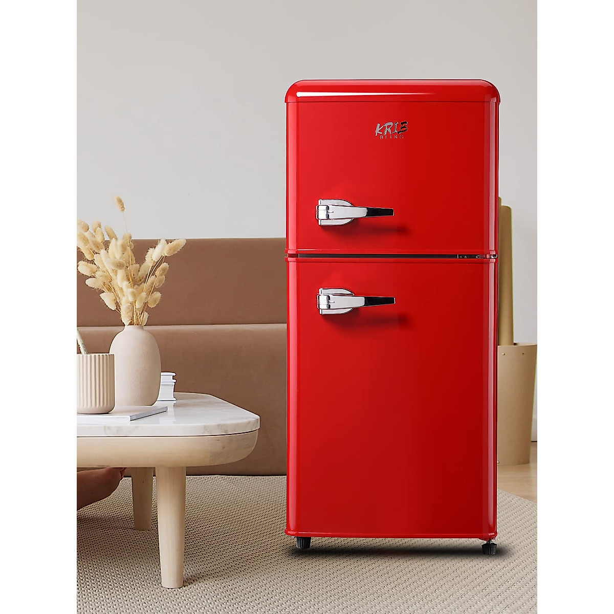 KRIB BLING 3.5 Cu.Ft Refrigerator with Freezer Double Door 7 Level Adjustable Thermostat for Dorm, Bar, Office,Kitchen, Apartment Red (KB02 FLS-80G-RED)