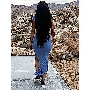 Women One Shoulder Maxi Dress Sleeveless Ruched Bodycon Long Dress Ribbed Side Split Party Sundress Blue S