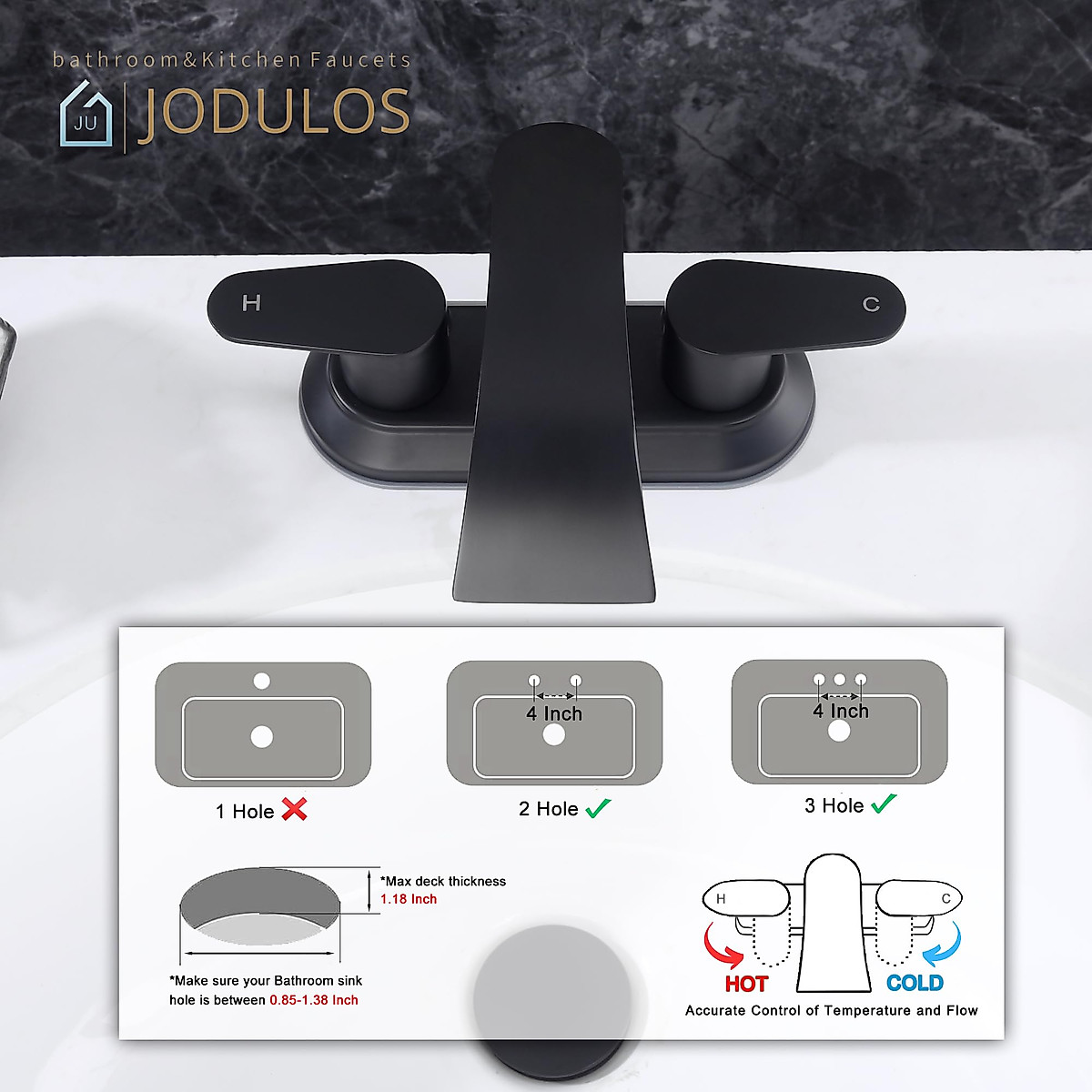 4 inch Centerset Bathroom Faucets Black Matte, Jodulos 2 Handle Waterfall Bathroom Sink Faucet with Pop Up Drain Stopper, Stainless Steel Bathroom Sink Faucet with cUPC Supply Lines JU-DE-201-BK