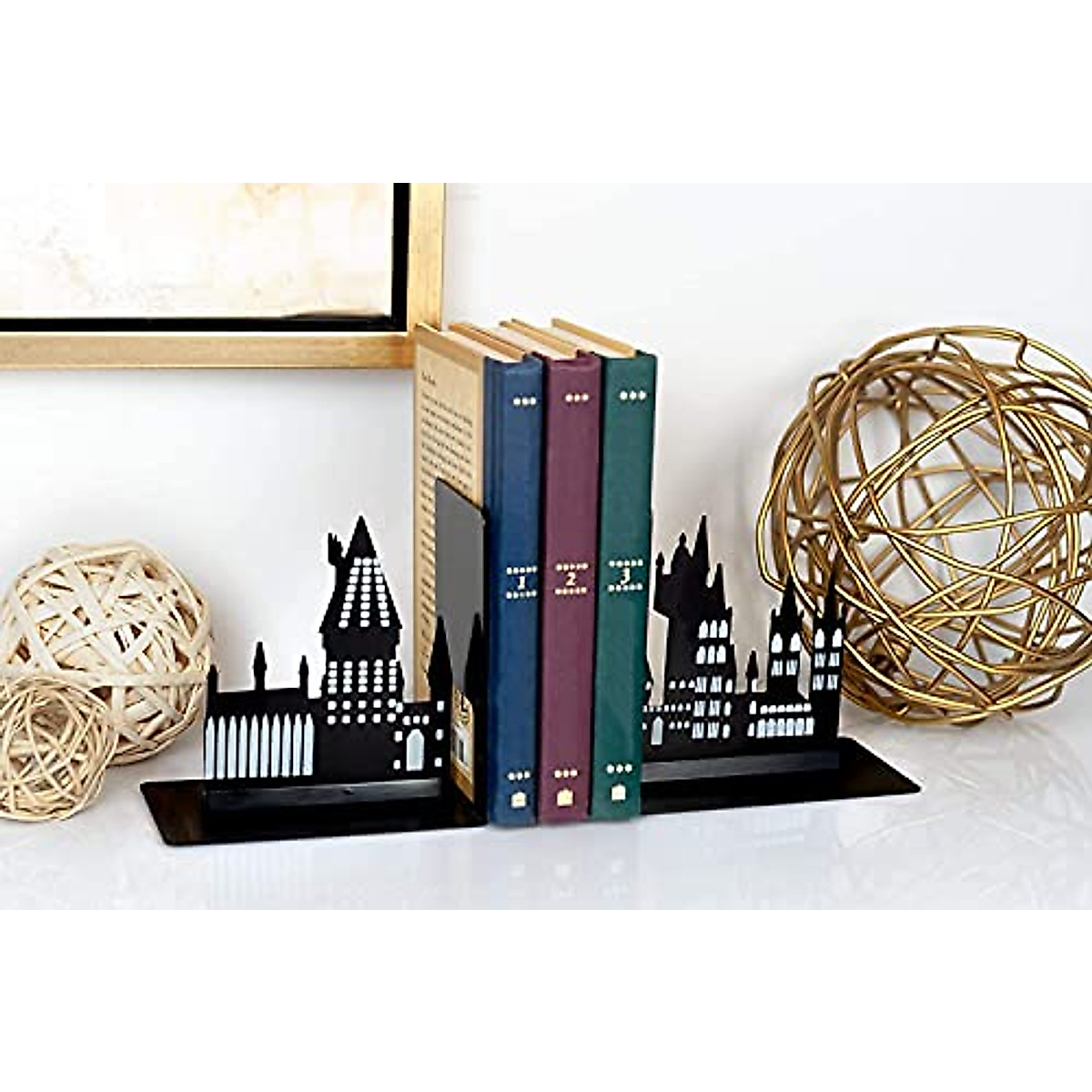 Harry Potter Hogwarts Castle Metal Bookends | Die Cut Metal Bookends with Hogwarts Castle Silhouette Glow in The Dark Design | Ideal for Harry Potter Book Collections & More