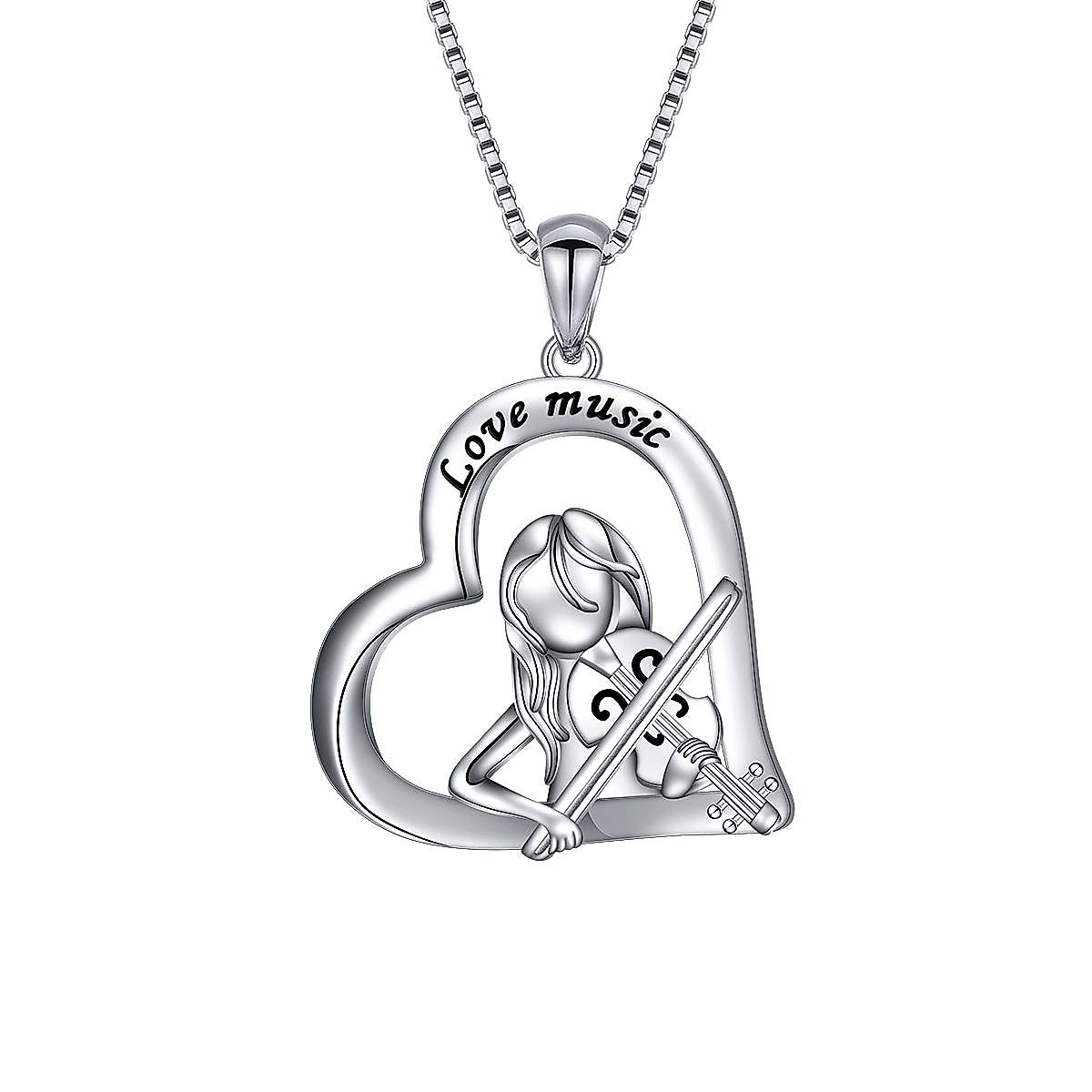 925 Sterling Silver I Love Music Girl Plays Violin Heart Pendant Necklace Fiddle Musical Jewelry for Violinist Daughter Women, 18 inch