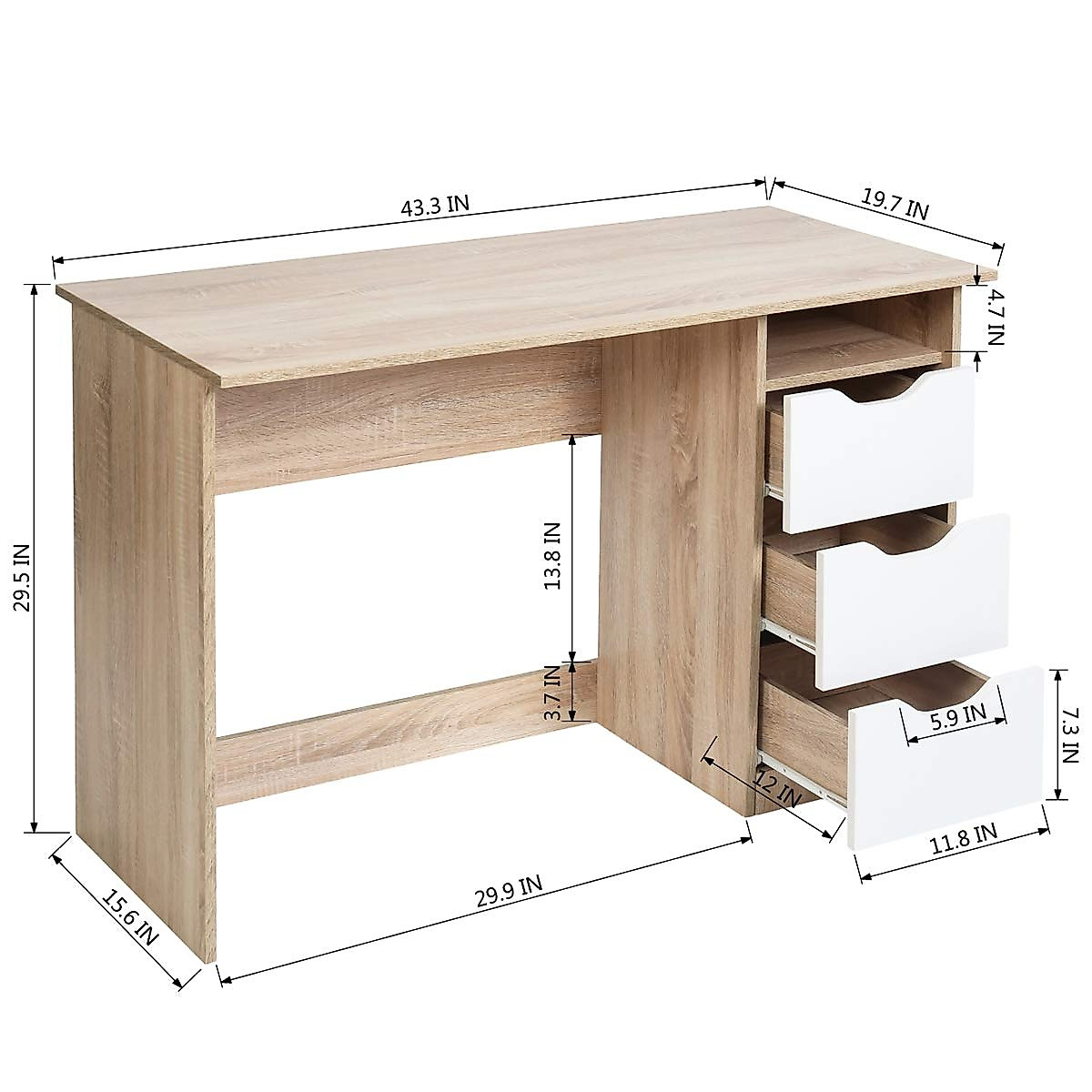 warmcentre Computer Desk, 43.3 Home Office Desk with 3 Drawer & Shelves Sturdy PC Table Workstation Modern Simple Style Writing Gaming Desk with Storage for Small Spaces, Easy to Assemble, Beech