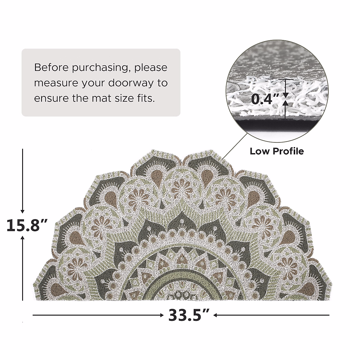 Sunlit 33.5" x 15.8" Mandala Dirt Trapper Welcome Mats, Small Indoor Outdoor Non-Slip Front Door Mat, Front Back Door Decor, Low Profile Entryway Rug, Easy to Clean Door Mat Waterproof, Green