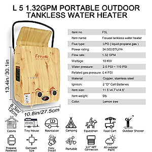 Portable Water Heater, Propane Tankless Water Heater, 1.32GPM/5Litre Capacity, 6-IN-1 Multiple Protection, 7 More Usage Scenarios, Low Pressure Startup, Lemon Tree