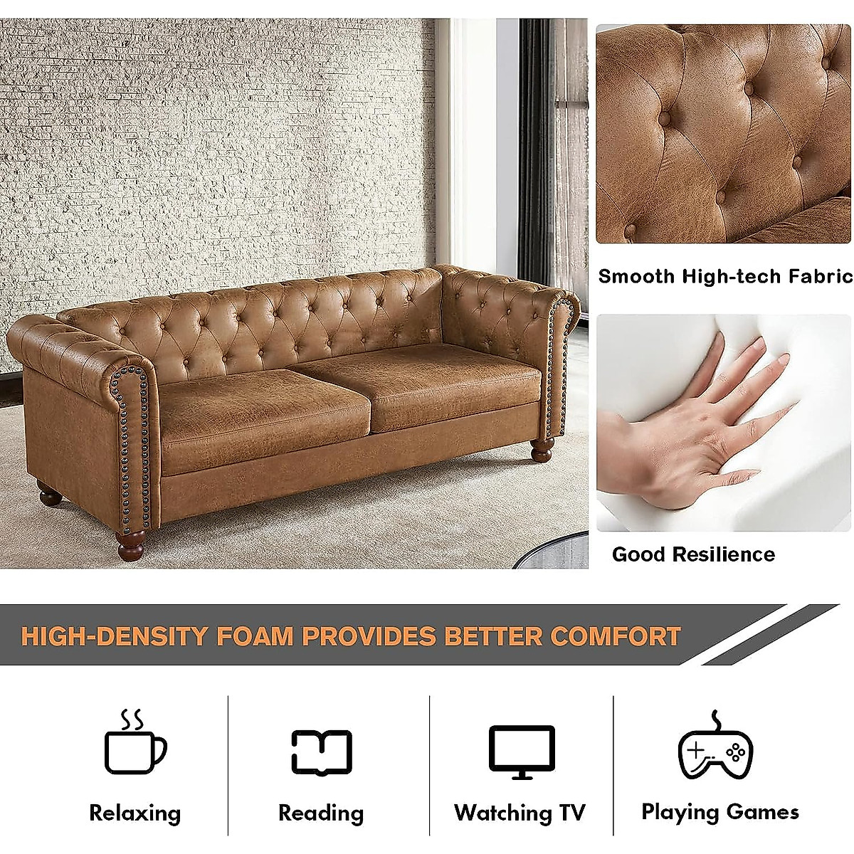 LAVHOME Upholstered Chesterfield Button Tufted Nailhead Modern Pu Leather 3 Seater Sofa Classic Rolled Arm Lrarge Couch for Living Room Bedroon Brown