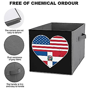Dominican Republic and Aerican Flag Heart Foldable Storage Bins Printd Fabric Cube Baskets Boxes with Handles for Clothes Toys, 11x11x11