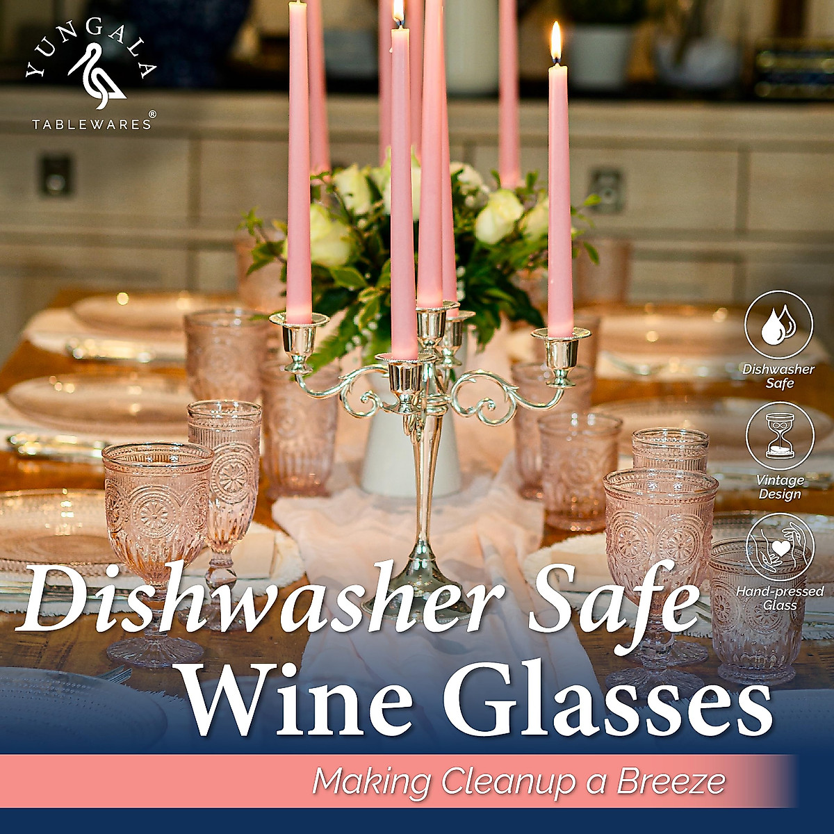 Yungala Pink Glassware Set of 6 Pink Wine Glasses and 4 Glass Plates - Vintage Wine Glasses with Hobnail Plates - Matching Pink Glassware Sets for Easter