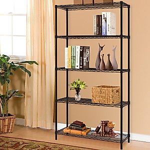Storage Metal Shelf 5 Tier Wire Shelving Unit Standing Shelf Units Heavy Duty Garage Shelving with Feet Levelers 1250Lbs Capacity Adjustable Commercial Shelving Kitchen Rack, Black