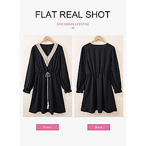 Dokotoo Spring Dresses for Womens 2023 V Neck Lace Trim Black Dresses for Women Puff Long Sleeve Hawaiian Dresses Tassel Belt Elegant Causal midi Dresses for Women Wedding Guest Medium