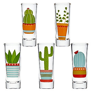 BLUE PANDA 5 Pack Shot Glasses Set with Cactus Designs for Bachelorette, Fiesta Supplies, Western-Themed Party, Round, Decorative Shot Glasses with Heavy Base for Tequila, Whiskey, Vodka (2 oz)