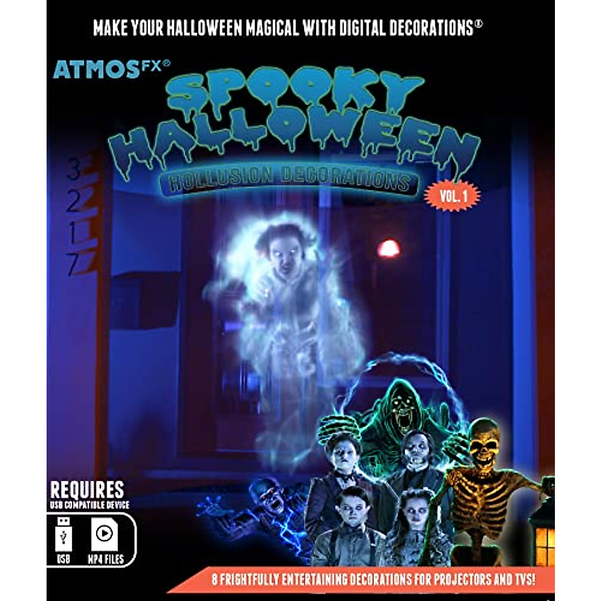Reaper Brothers Spooky Halloween Hollusion Digital Decoration Kit Includes 8 AtmosFX Video Effects for Halloween Plus HD Super Bright Projector and 5.5' x 9' Holographic Projection Screen