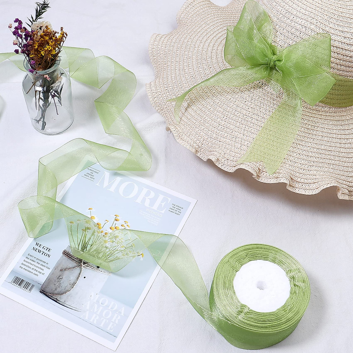 Hiswan 1.5 inch Sheer Organza Ribbon Sage Green Chiffon Ribbon for Gift Wrapping Christmas Halloween Decoration Wedding Flower Bouquet Crafts 50 Yards