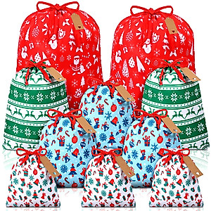 Paterr 20 Pack Christmas Drawstring Gift Bags with Tags, Xmas Fabric Gift Bags Assorted Sizes Bulk, Large Medium Small Holiday Cotton Gift Bag for Party Favors Present Wrapping (Assorted Style)