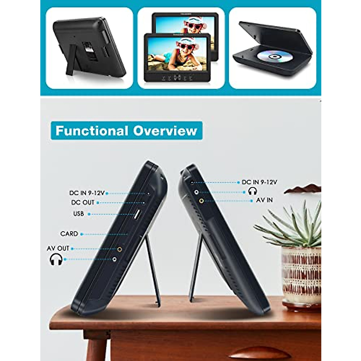 FANGOR 10.5'' Dual DVD Player for Car Portable Headrest Video Players with 2 Mounting Brackets, 5 Hours Rechargeable Battery, Last Memory, AV Out&in, Support USB/SD/Sync TV (1 Player + 1 Monitor)