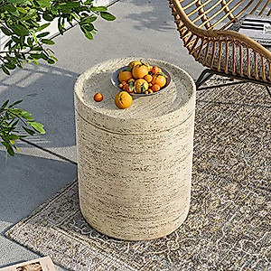 SUNBURY Concrete Side Table, Outdoor Side Table for Patio, 14" Outdoor Accent Table Patio Round Side Table End Table, Ceramic Side Table Garden Stool Log Table