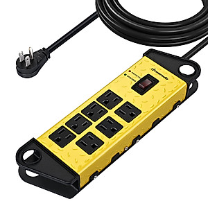 DEWENWILS 7-Outlet Heavy Duty Power Strip with 15FT Extension Cord, 1440J Surge Protector Power Strip for Garage, Workshop,15A Circuit Breaker, Flat Plug, Metal Housing, Wall Mountable, UL Listed