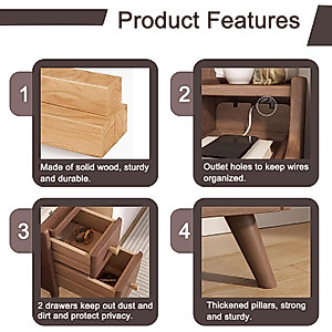 Solid Wood Nightstand with 2 Drawers, Bedside Table with Open Sliding Shelf, Mid Century Modern Night Stand, End Side Table for Bedroom, No Assembly Needed, Walnut