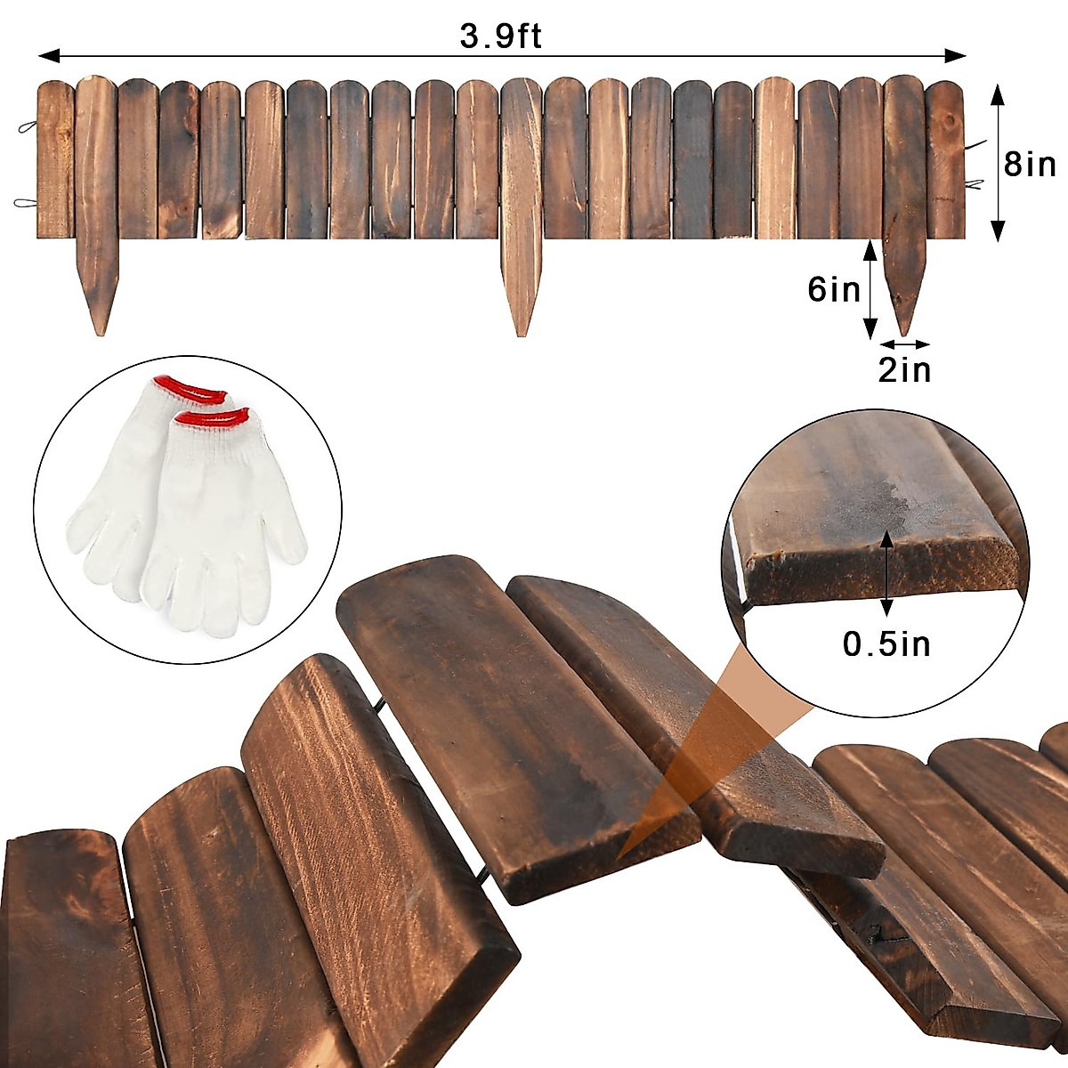 Garden Wooden Fence | Garden Wooden Short Fence Edging Border | Wood Garden Edging Border | Burnt Wood Outdoor Landscape Border Edging, Lawn, Balcony, Patio Planting Fence Gloves(8'' H x 47.5'' L)