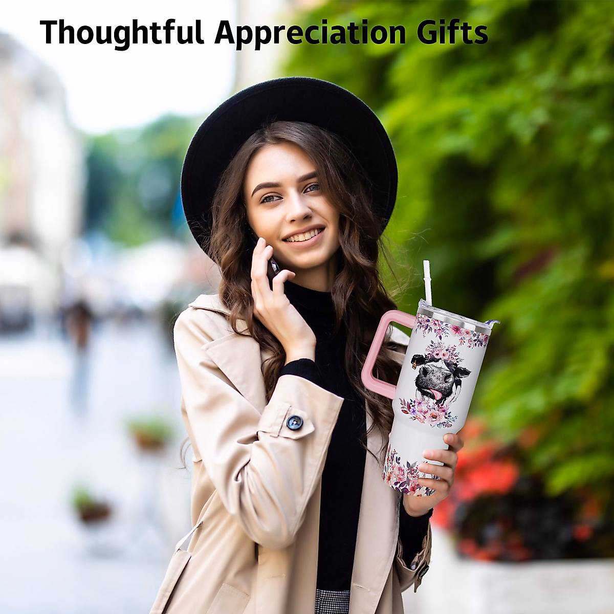 sgqjdpmc 40 oz Cow Print Tumbler with Handle and Straw Lid 40oz Cute Cow Themed Gifts Steel Insulated Travel Cow Coffee Cup