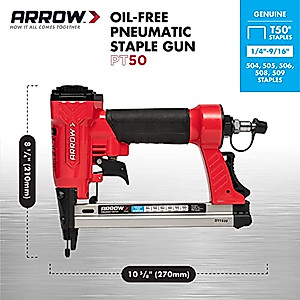 Arrow PT50 Oil-Free Pneumatic Staple Gun, Professional Heavy-Duty Stapler for Wood, Upholstery, Carpet, Wire Fencing, Fits 1/4”, 5/16”, 3/8", 1/2", 9/16” Staples , Red