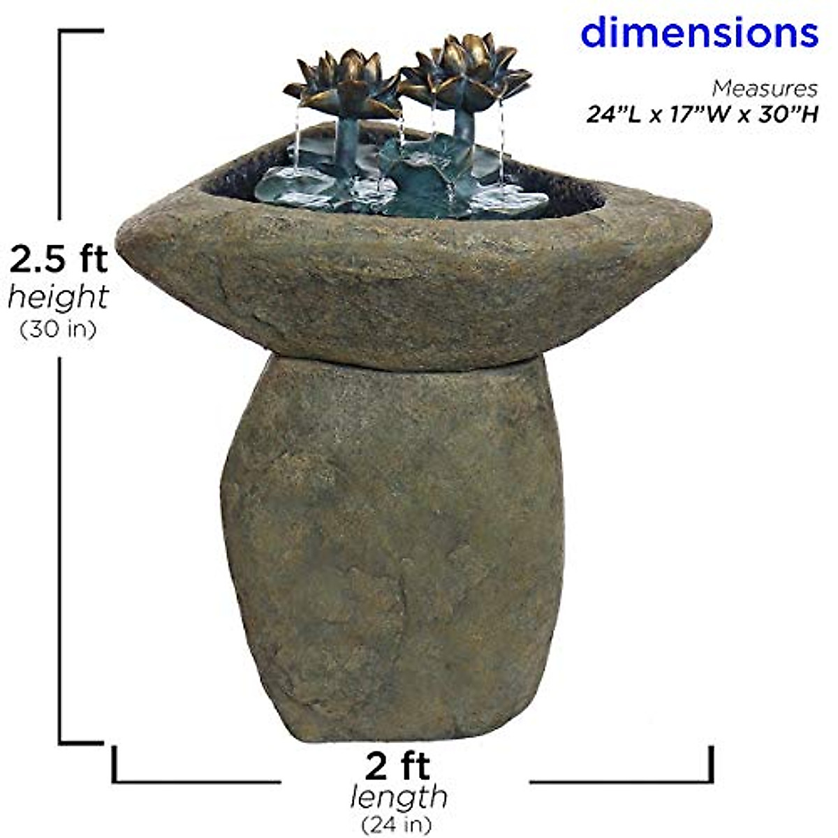 Alpine Corporation 30" Tall Outdoor Pedestal Lotus Rock Waterfall Fountain with LED Lights, Brown/Gray