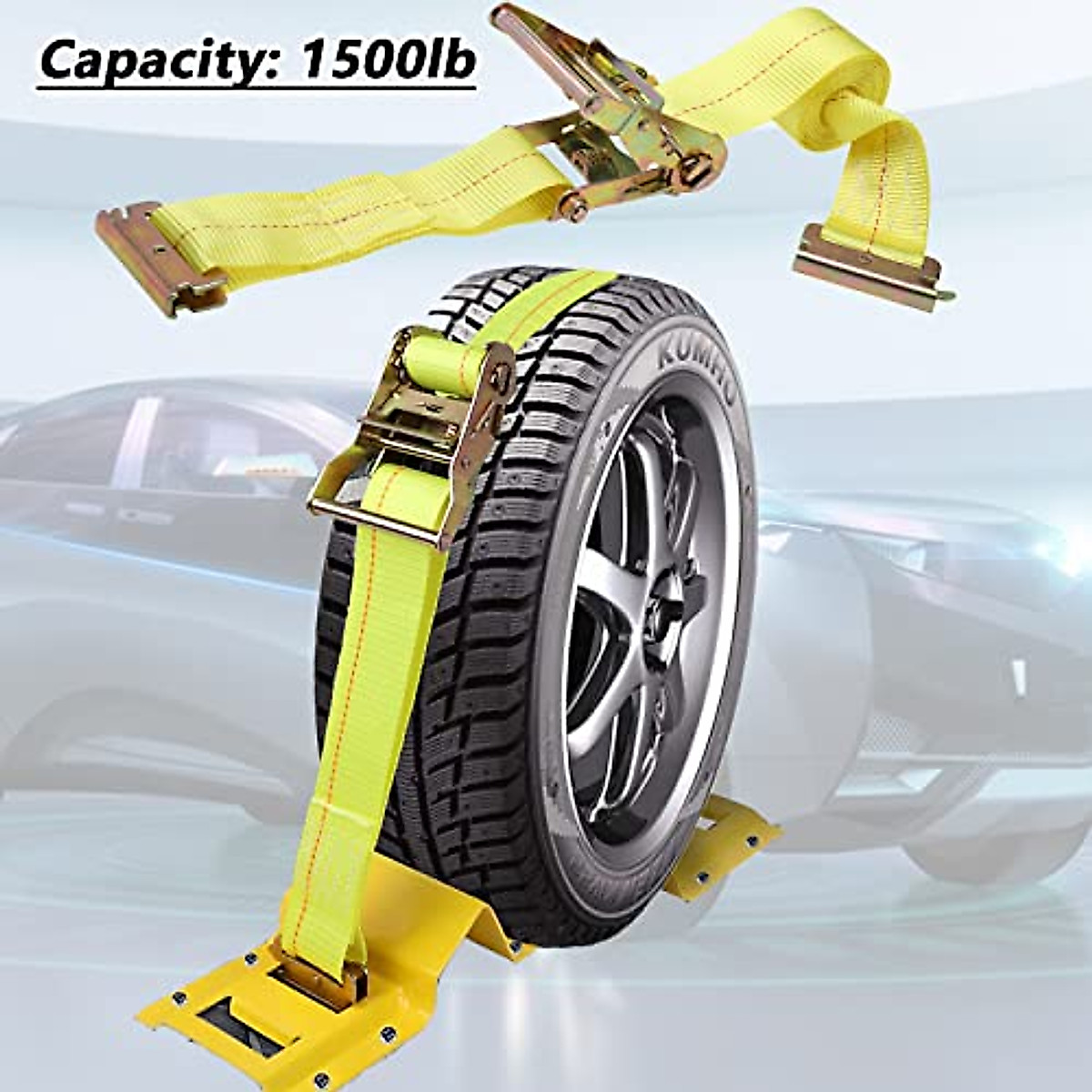 NovelBee Wheel Chock Tie Down Kit, Trailer Tie Down System for UTV, ATV & Mower (Yellow Wheel Chock & Yellow Strap)