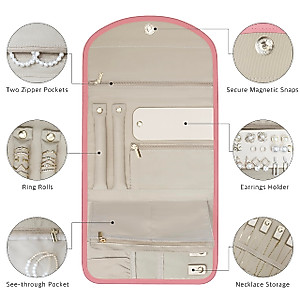 BLUTETE Jewelry Travel Foldable Bag | Organizer Roll Jewelry Case | Travel Jewelry Storage Case for Women | Rings Earrings Necklaces Bracelets Organizer (Coral Pastel)