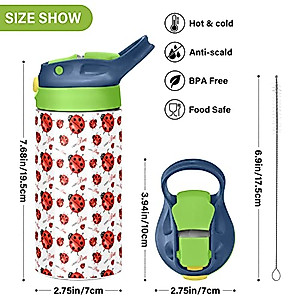 ALAZA Watercolor Funny Insects Ladybug Kids Water Bottles with Lids Straw Insulated Stainless Steel Water Bottles Double Walled Leakproof Tumbler Travel Cup for Girls Boys Toddlers 12 oz / 350 ml,Gree