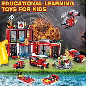 City Rescue Car Building Blocks Toy, Roleplay Parent-Child Set, Firefighter Kit with Fire Truck, Life Boat, Helicopter, Fire Extinguisher Educational Toys Thanksgiving Gift for Kid 6+ (Fire Station)