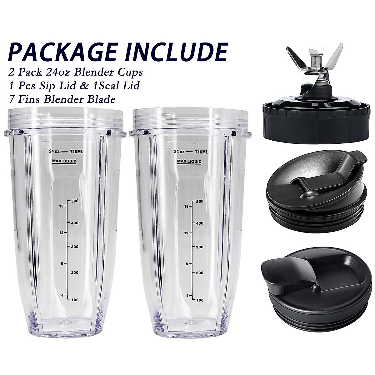 Weierken 24oz Cups Compatible with Nutri Ninja Auto IQ Series Blender, Pro Replacement Parts with 2 Type Lids, 7 Fins Extractor Blade, Compatible for BL450-30, BL456-30, BL481-30,BL487, NN100 etc