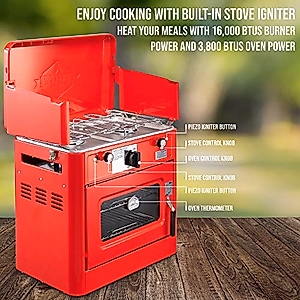 Hike Crew Outdoor Gas Camping Oven w/Carry Bag | 2-in-1 Portable Propane-Powered Stovetop & Oven w/ 2-Burner Cooktop Range, Auto Ignition, Overheat Safety Shutoff, Built-In Thermometer, Hose Regulator