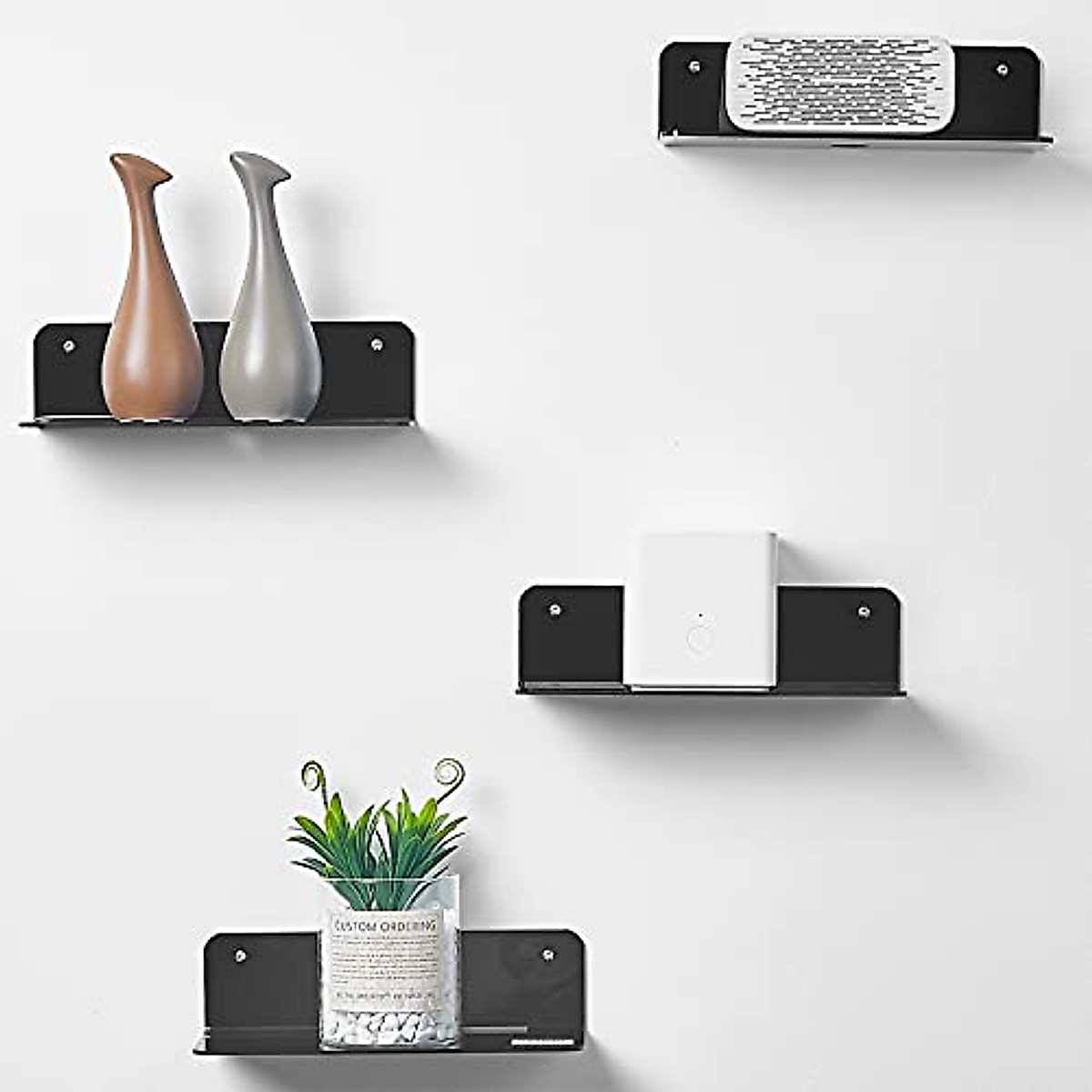 OAPRIRE Small Acrylic Floating Wall Shelves Set of 4, Flexible Use of Wall Space, 9 Inch Adhesive Display Shelf for Security Cameras/Smart Speaker/Action Figures with Cable Clips (4, Black)