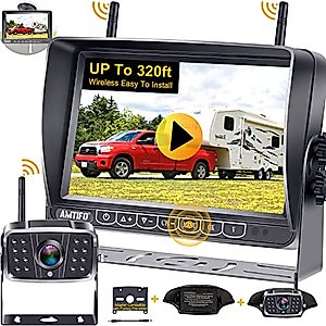 AMTIFO RV Backup Camera Wireless HD 1080P 7'' Split Screen DVR Monitor Bluetooth Trailer Rear View Cam 4 Channel System Truck Camper Infrared Night Vision Adapter for Furrion Pre-Wired RVs A8